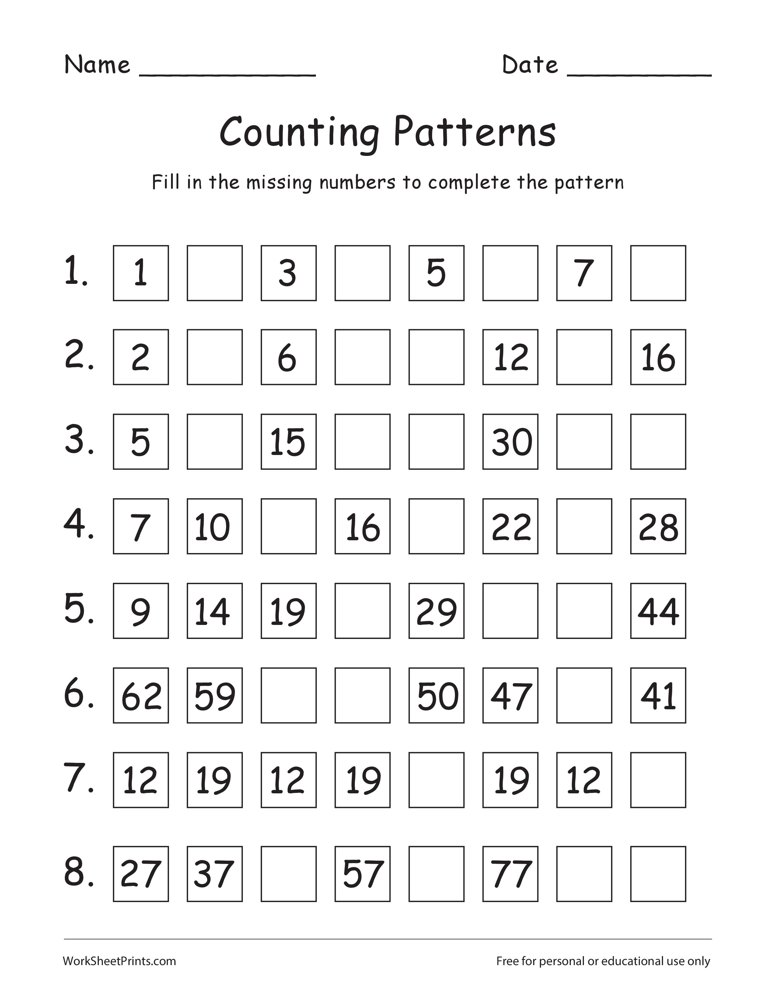 Number Patterns Worksheets Number Patterns Worksheets
