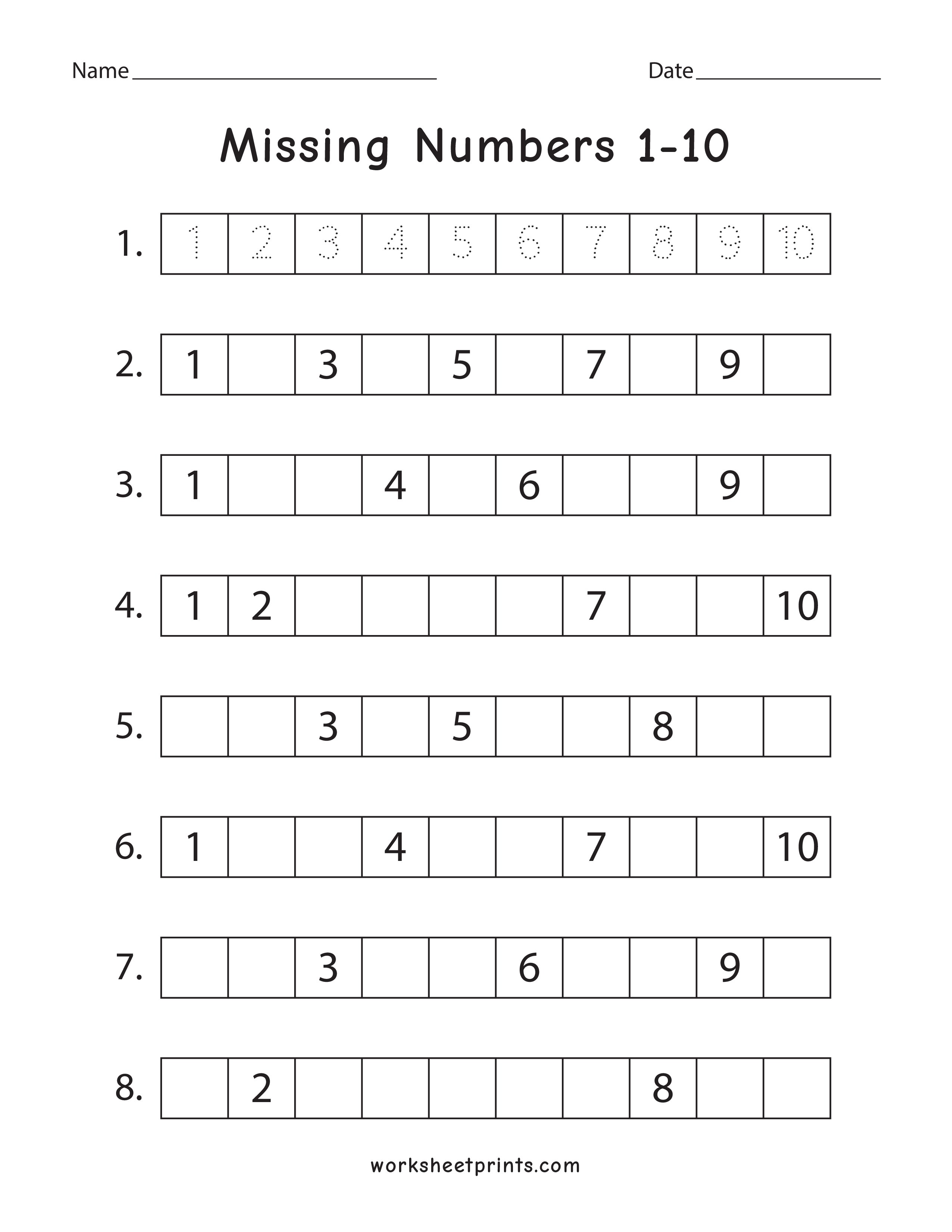Missing Numbers 1-10 Worksheets for Preschool and Kindergarten