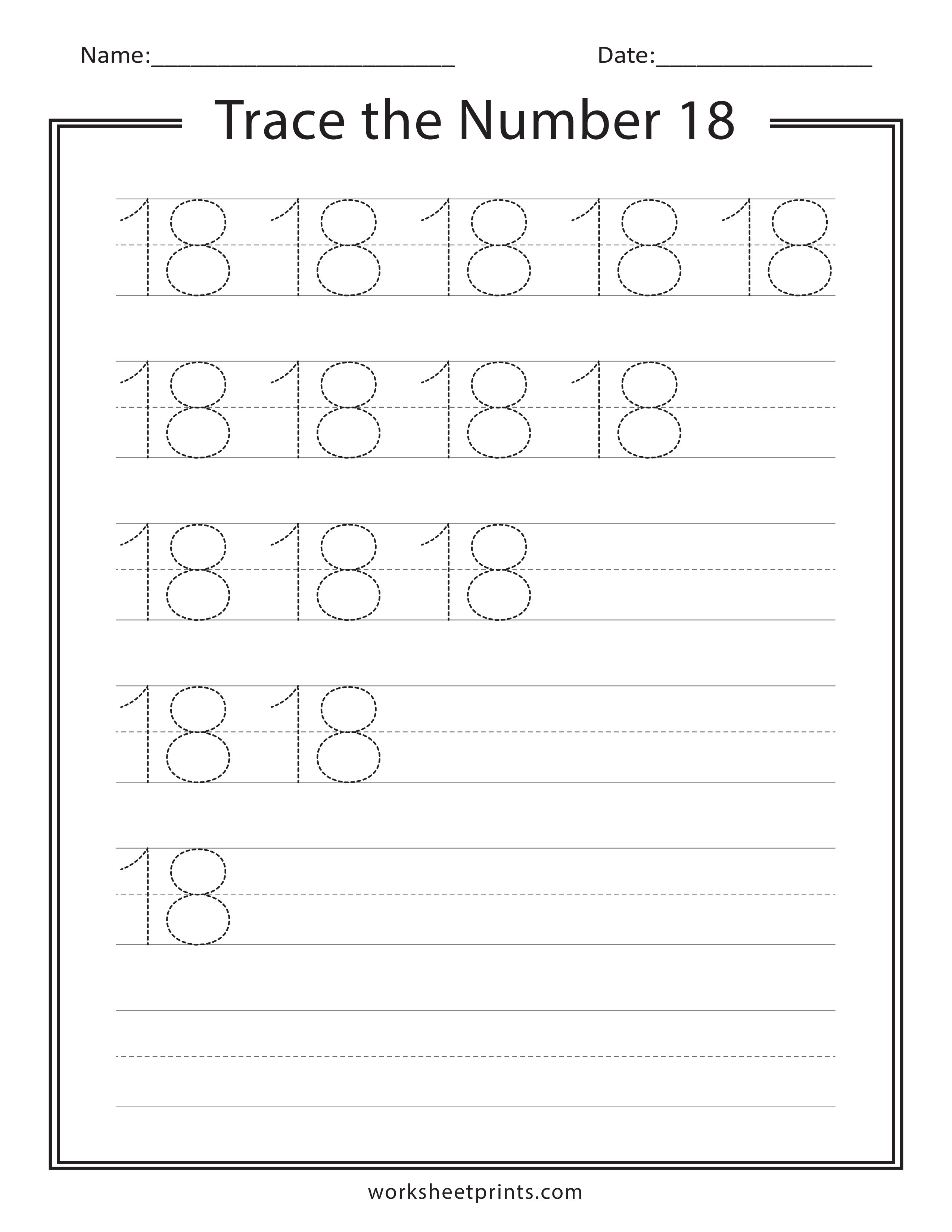 Trace Number 18: Free Tracing Worksheets