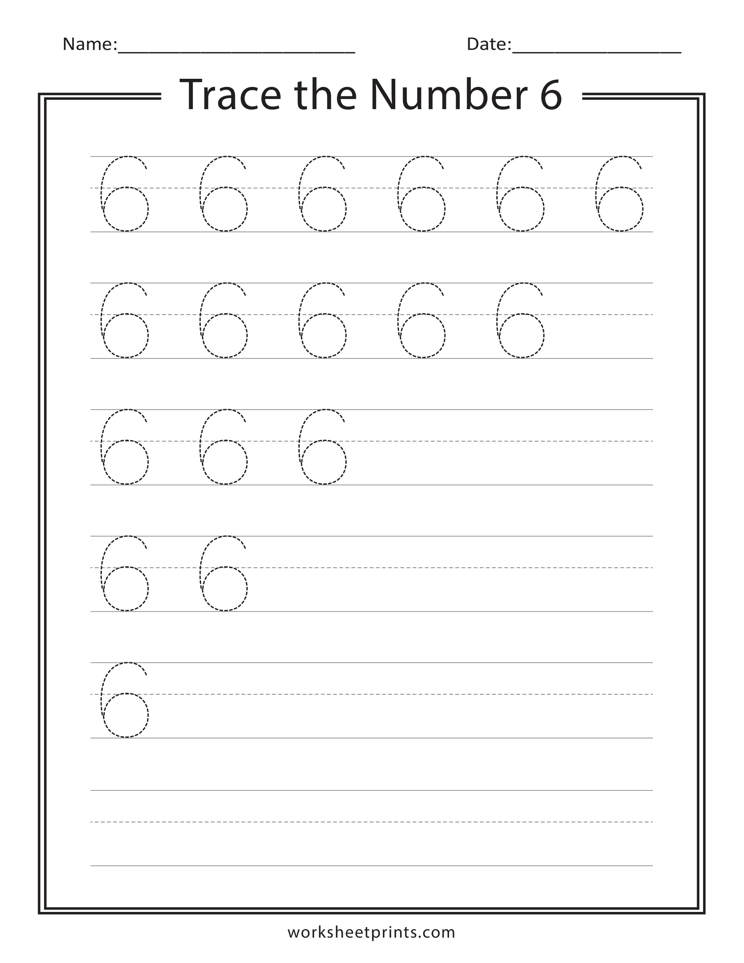 Trace Number 6: Free Tracing Worksheets