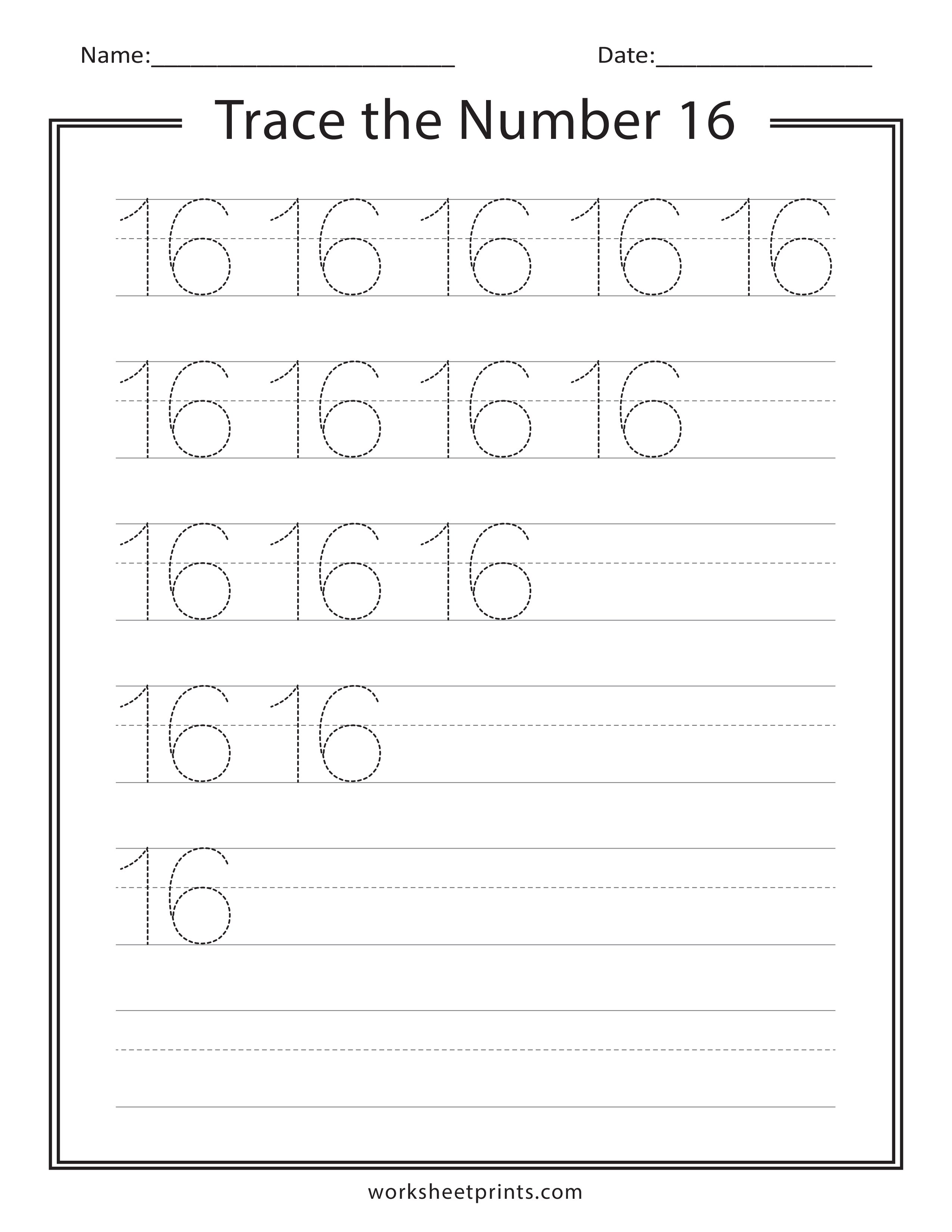 Trace Number 16: Free Tracing Worksheets
