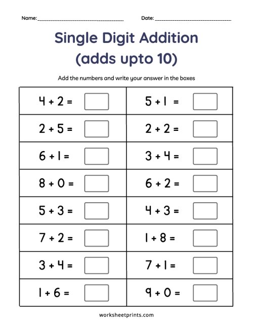 Printable Add Single Digit Numbers Adds Upto 10 Worksheet