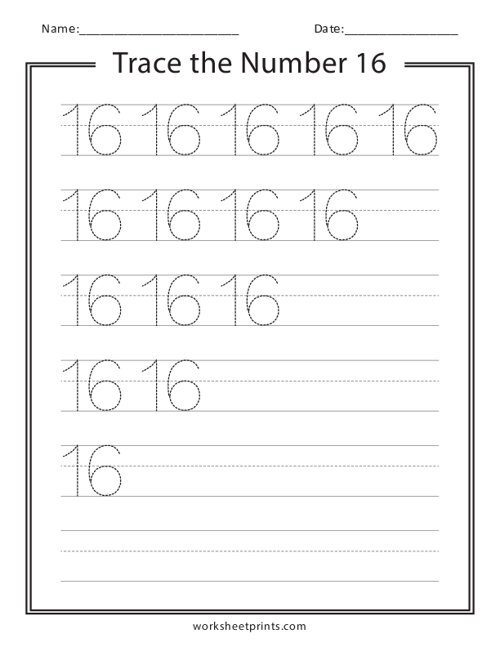 Printable Trace the Number 16 Worksheet | WorksheetPrints