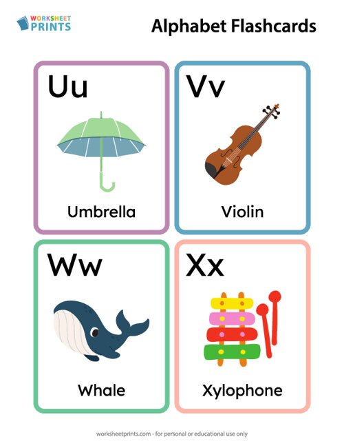 Printable Alphabet Flashcards - U-X Pictures