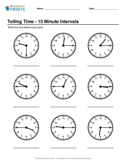 Printable Tell The Time 15 Minute Intervals Worksheet WorksheetPrints