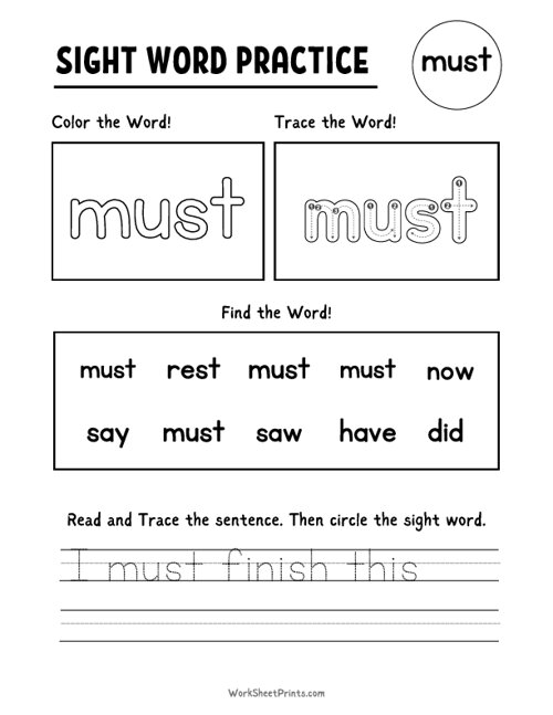 Sight Words Worksheet - Must | Kindergarten Worksheets Printable